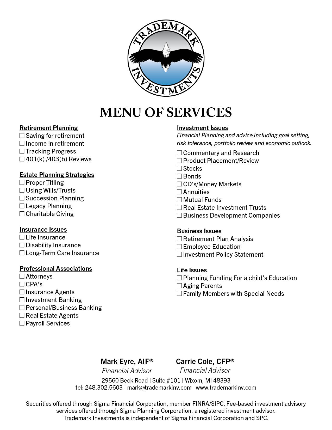 Menu of Services – Trademark Investments